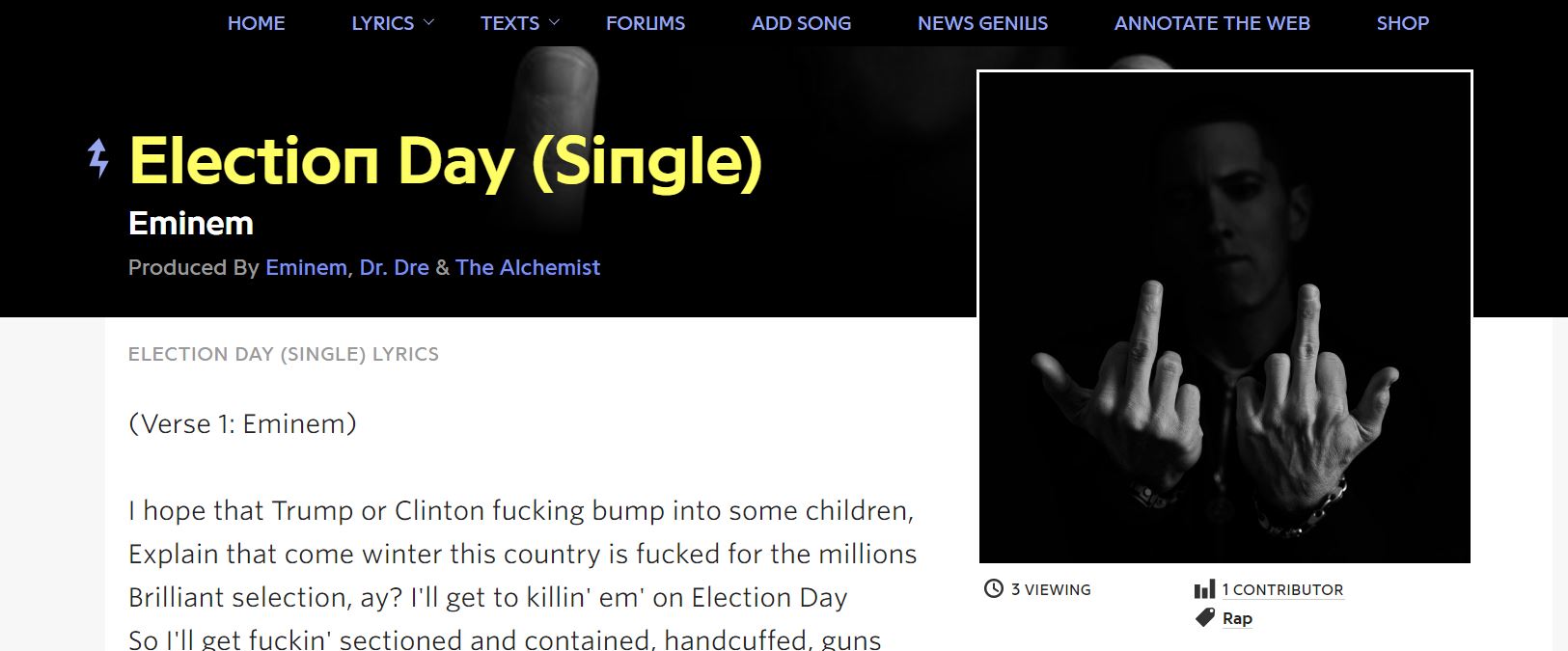 Trapelato su Genius un estratto del testo di "Election Day" di Eminem